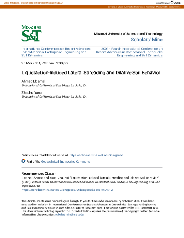 (PDF) Liquefaction-Induced Lateral Spreading and Dilative Soil Behavior