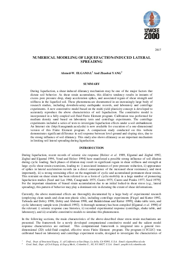 (PDF) Numerical modeling of liquefaction-induced lateral spreading