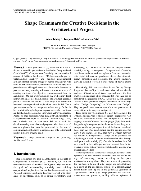 (PDF) Shape Grammars for Creative Decisions in the Architectural Project