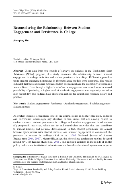 (PDF) Reconsidering the Relationship Between Student Engagement and Persistence in College