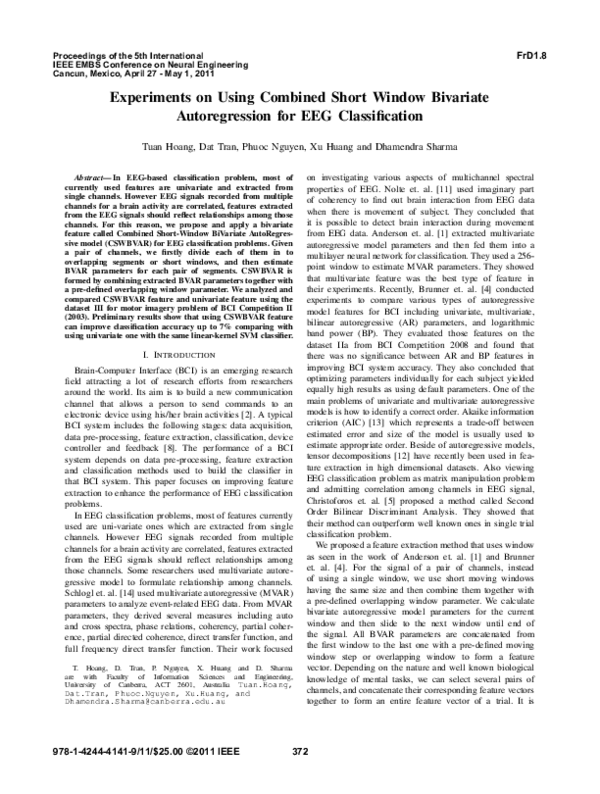 (PDF) Experiments on using combined short window bivariate autoregression for EEG classification