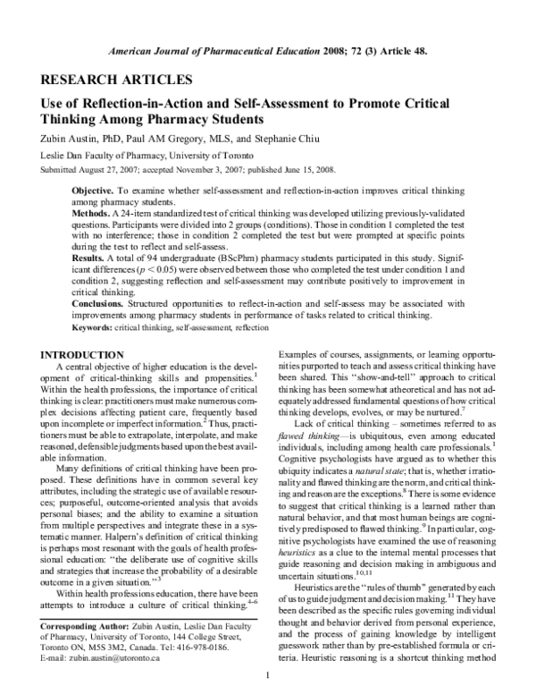 (PDF) Use of Reflection-in-Action and Self-Assessment to Promote ...