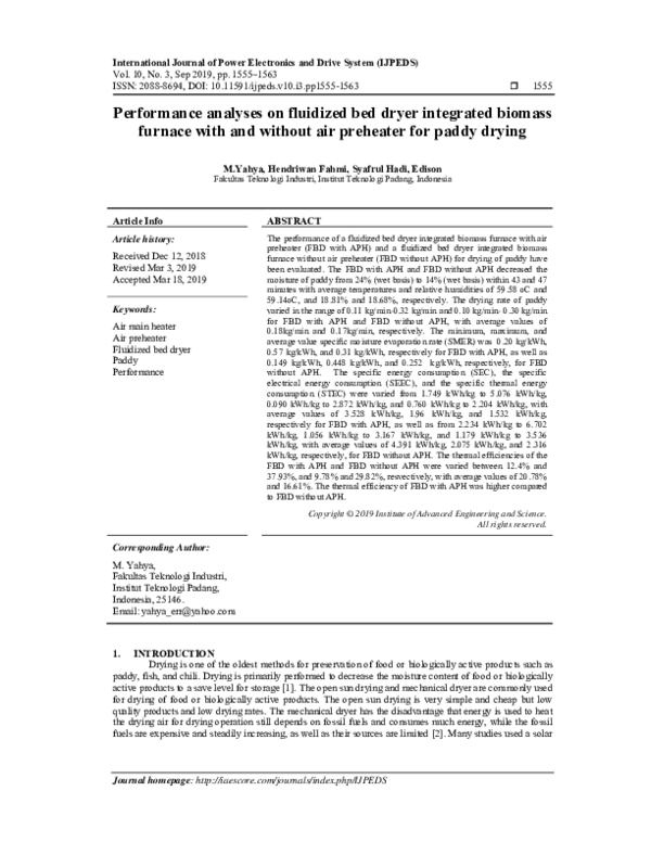 (PDF) Performance analyses on fluidized bed dryer integrated biomass furnace with and without ...
