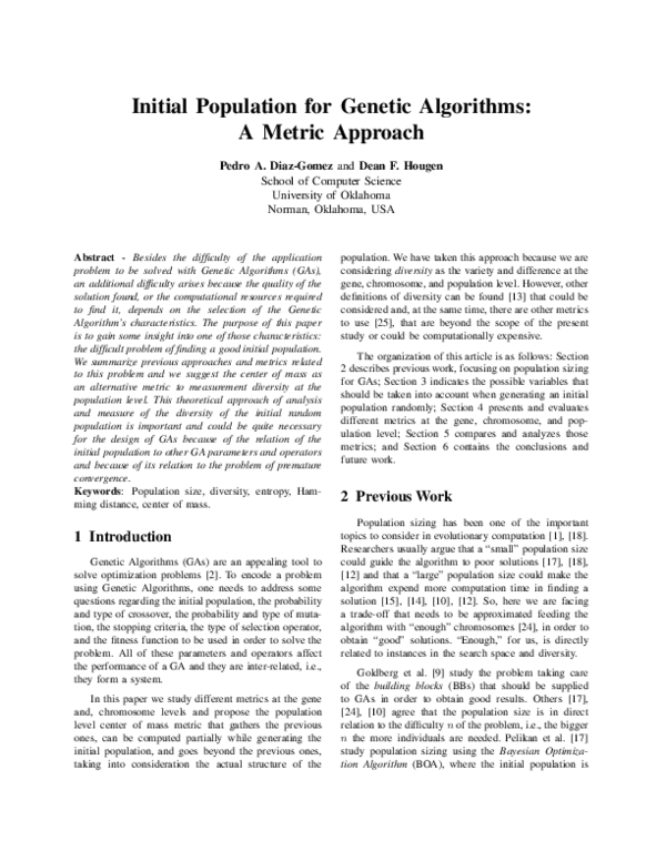 Pdf Initial Population For Genetic Algorithms A Metric Approach