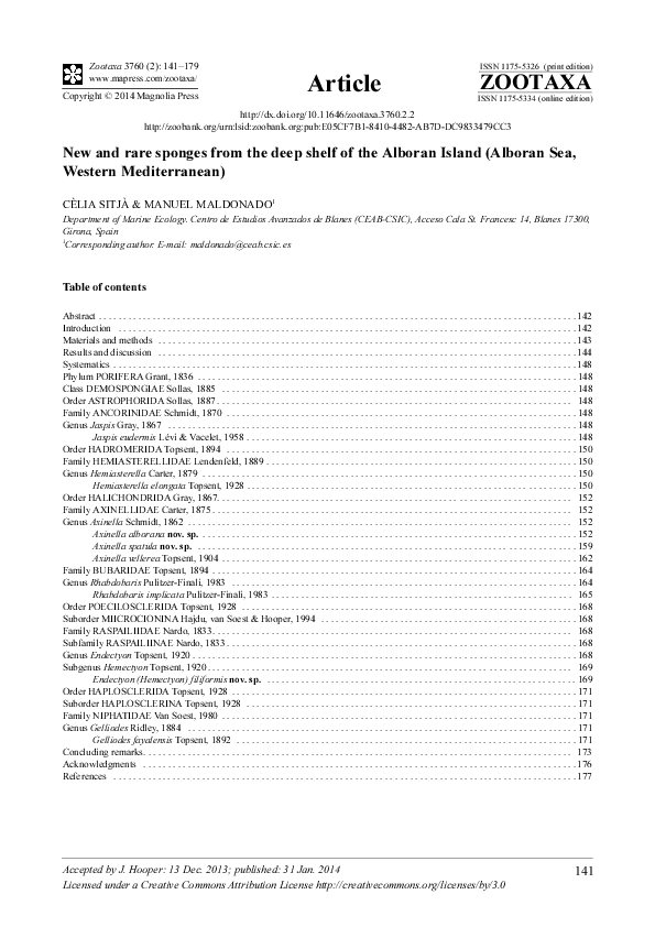 (PDF) New and rare sponges from the deep shelf of the Alboran Island ...