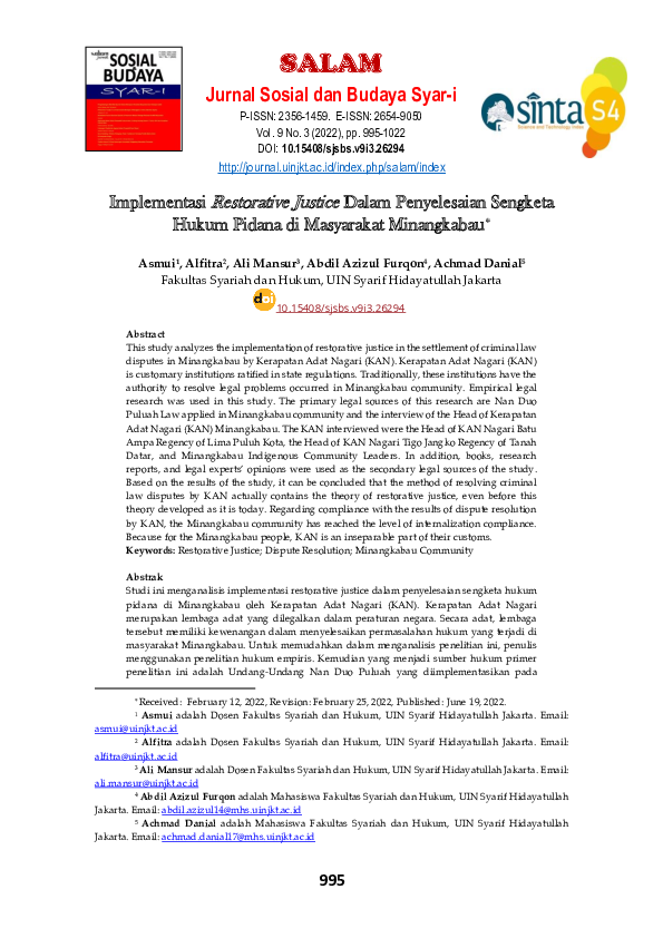 (PDF) Implementasi Restoratif Justice Dalam Penyelesaian Sengketa Hukum Pidana di Masyarakat ...