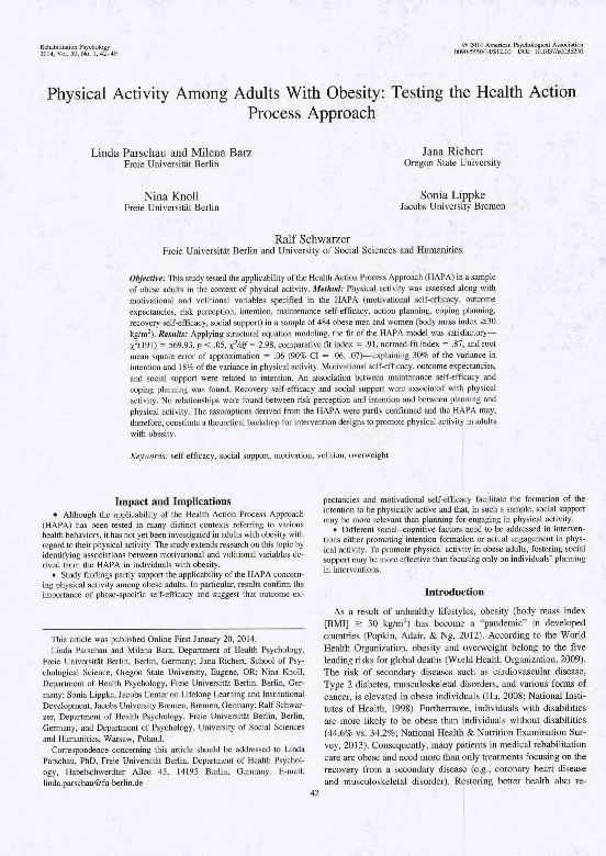 (PDF) Physical activity among adults with obesity: Testing the health ...