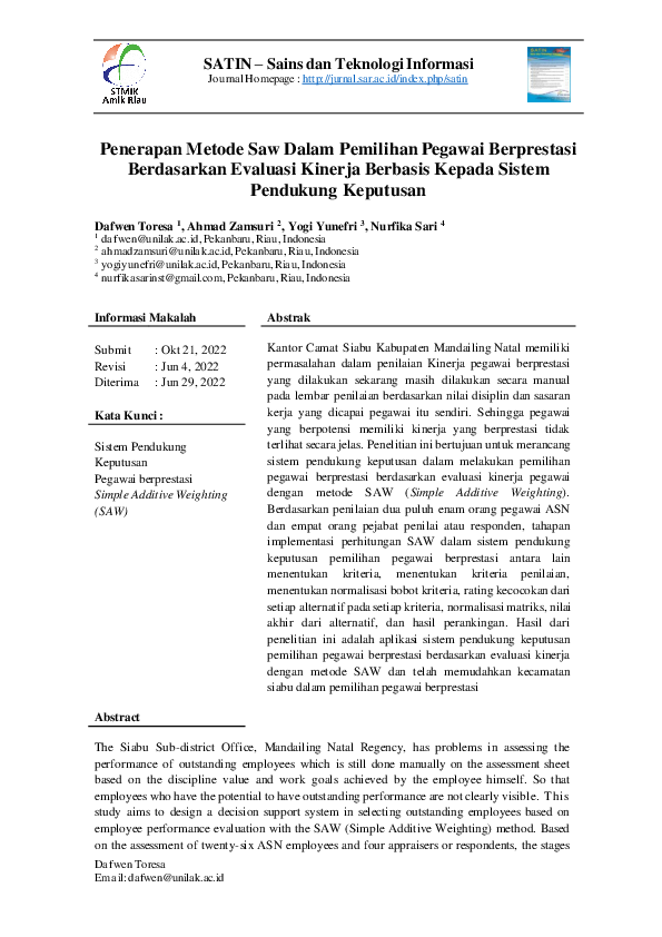 (PDF) Penerapan Metode Saw Dalam Pemilihan Pegawai Berprestasi Berdasarkan Evaluasi Kinerja ...