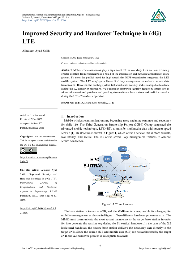 (PDF) Improved Security and Handover Technique in (4G) LTE