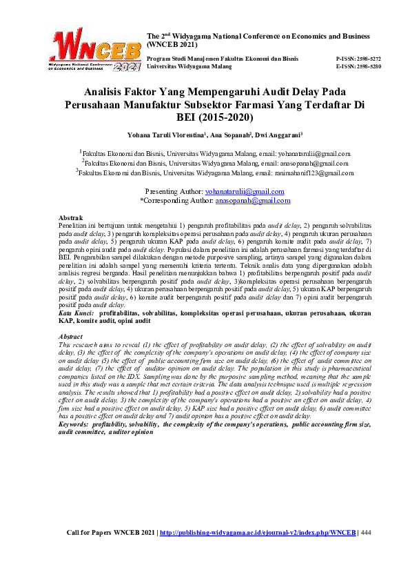 (PDF) Analisis Faktor Yang Mempengaruhi Audit Delay Pada Perusahaan Manufaktur Subsektor Farmasi ...