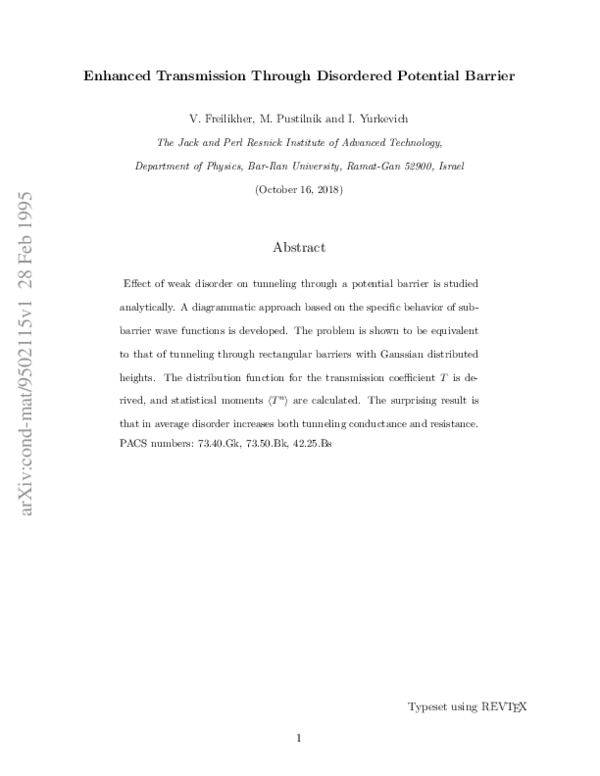 (PDF) Enhanced transmission through a disordered potential barrier