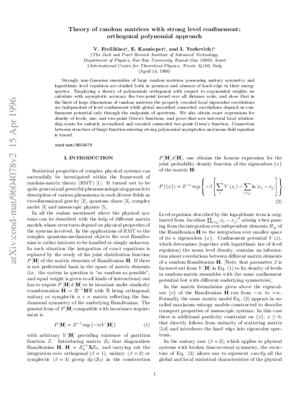 (PDF) Theory of random matrices with strong level confinement: Orthogonal polynomial approach