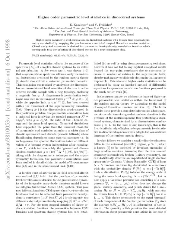 Pdf Higher Order Parametric Level Statistics In Disordered Systems