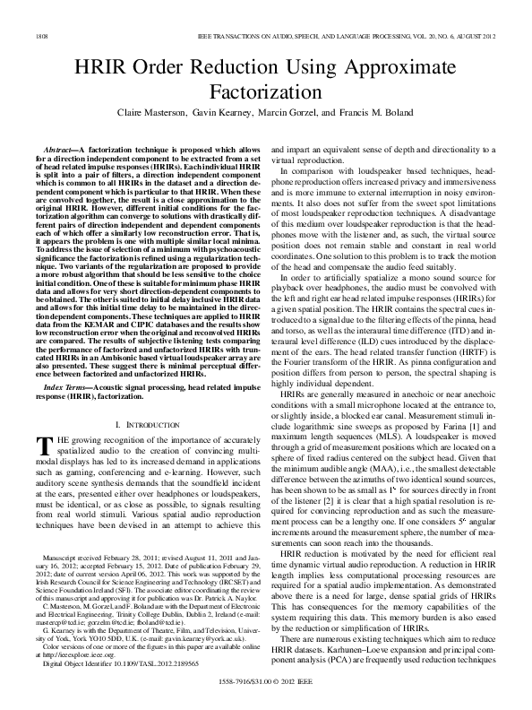 (PDF) HRIR Order Reduction Using Approximate Factorization