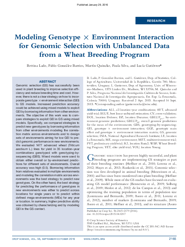 Pdf Modeling Genotype Environment Interaction For Genomic Selection With Unbalanced Data From A
