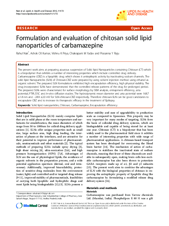 (PDF) Formulation and evaluation of chitosan solid lipid nanoparticles of carbamazepine