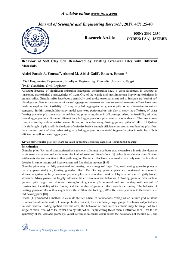 (PDF) Behavior of Soft Clay Soil Reinforced by Floating Granular Piles with Different Materials