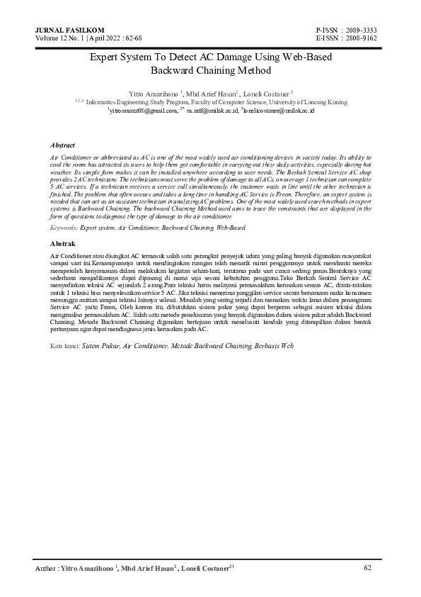(PDF) Expert System to Detect Air Conditioning Damage Using Web Based Backward Chaining Method