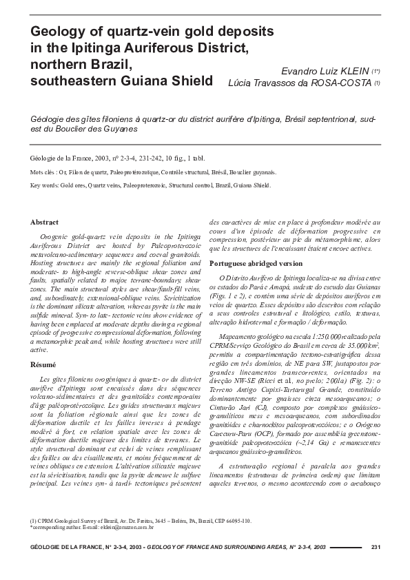 (PDF) Geology of quartz-vein gold deposits in the Ipitinga Auriferous ...