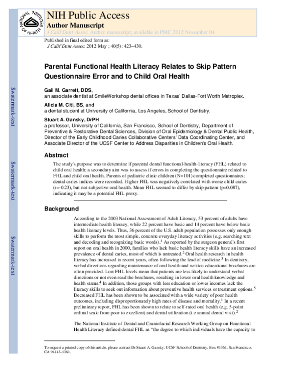 (PDF) Parental functional health literacy relates to skip pattern ...