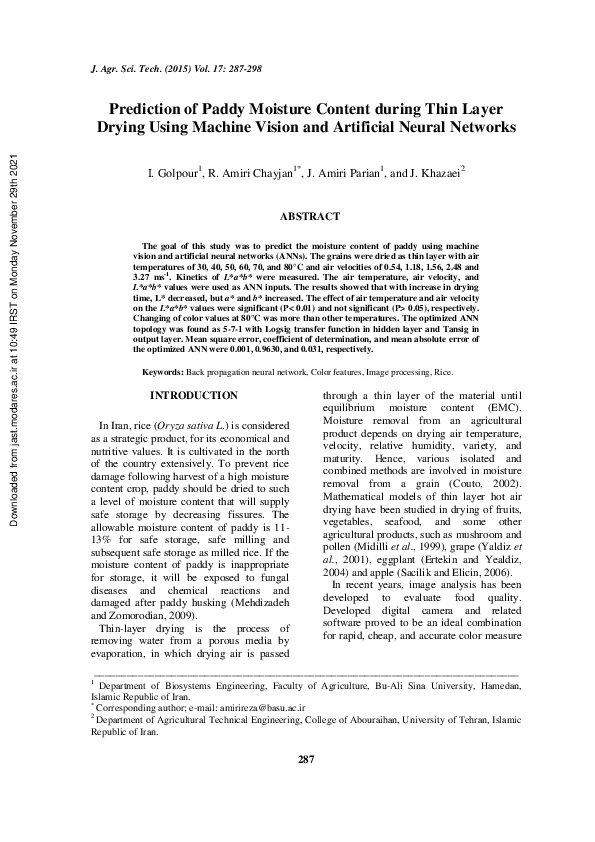 Pdf Prediction Of Paddy Moisture Content During Thin Layer Drying Using Machine Vision And