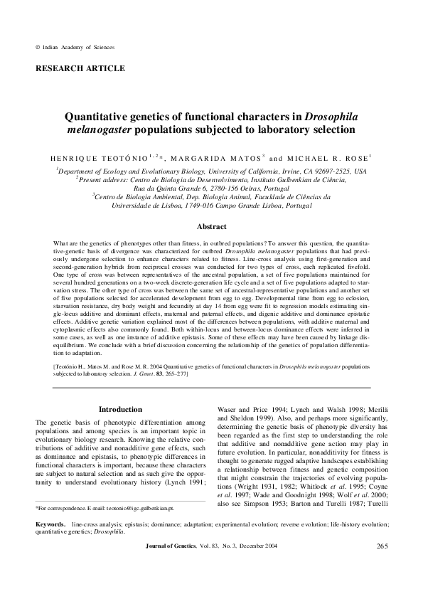 (PDF) Quantitative genetics of functional characters inDrosophila ...