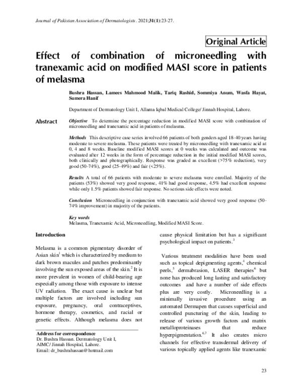 (PDF) Effect of combination of microneedling with tranexamic acid on ...