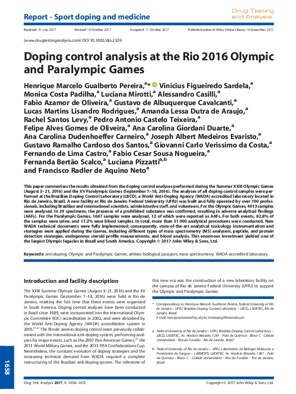 (PDF) Doping control analysis at the Rio 2016 Olympic and Paralympic Games