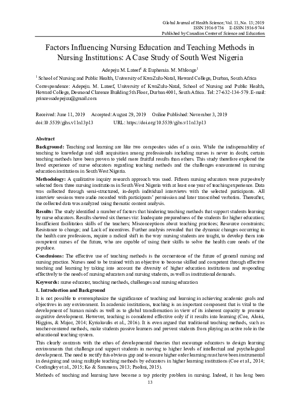 (PDF) Factors Influencing Nursing Education and Teaching Methods in Nursing Institutions: A Case ...