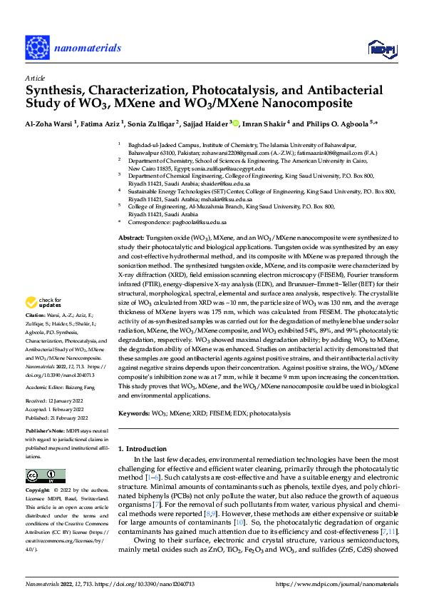 (PDF) Synthesis, Characterization, Photocatalysis, and Antibacterial Study of WO3, MXene and WO3 ...