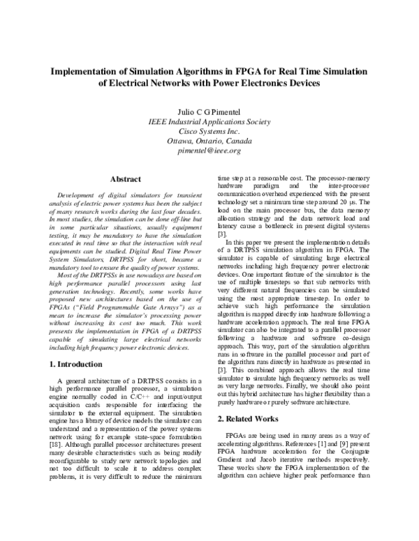 (PDF) Implementation of Simulation Algorithms in FPGA for Real Time Simulation of Electrical ...