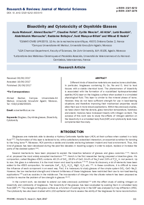 (PDF) Bioactivity and Cytotoxicity of Oxynitride Glasses | Miloud El ...