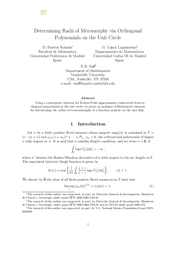 (PDF) Determining radii of meromorphy via orthogonal polynomials on the unit circle