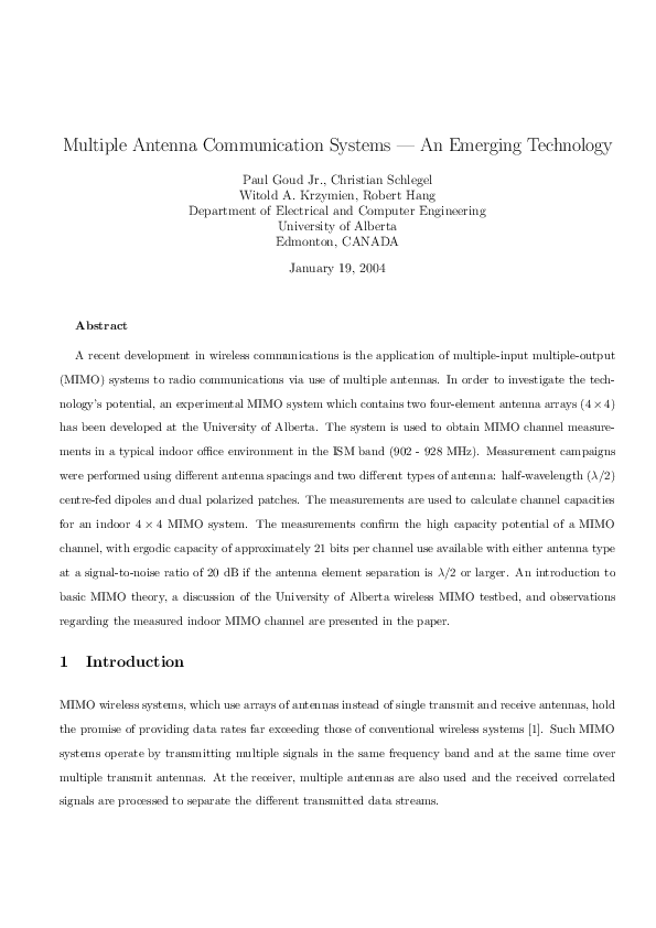 (PDF) Multiple-antenna communication systems: an emerging technology