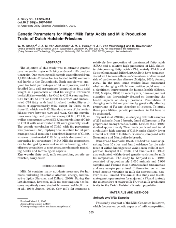 (PDF) Genetic parameters of milk fatty acids in Dutch Holsteins