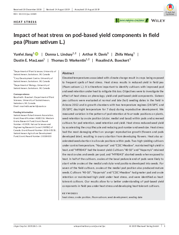 (PDF) Impact of heat stress on pod‐based yield components in field pea ...