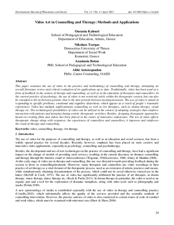 (PDF) Video Art in Counselling and Therapy: Methods and Applications