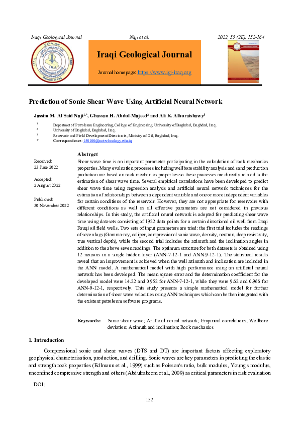 (PDF) Prediction of Sonic Shear Wave Using Artificial Neural Network