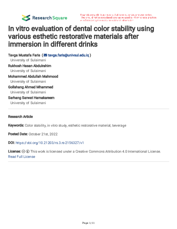 (PDF) In vitro evaluation of dental color stability using various esthetic restorative materials ...