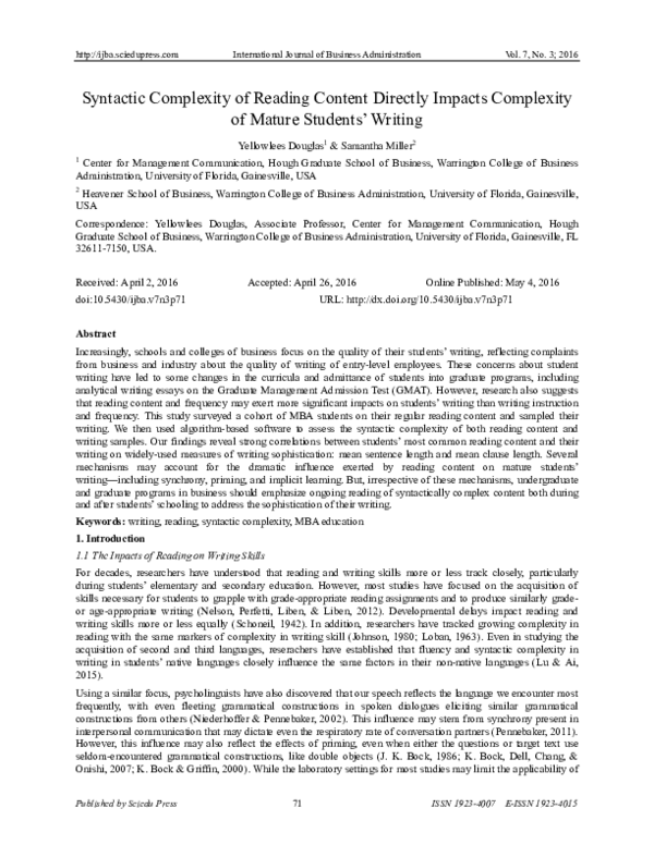 (PDF) Syntactic Complexity of Reading Content Directly Impacts Complexity of Mature Students ...