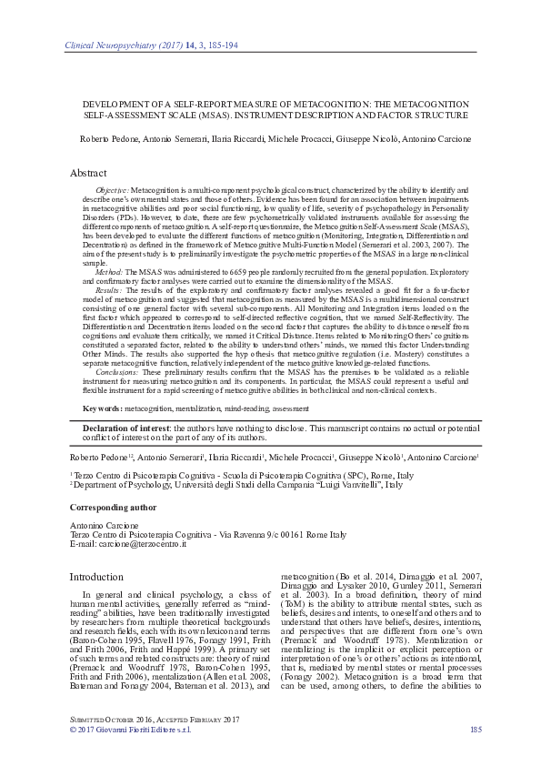 (PDF) Metacognition Self-Assessment Scale | Antonino Carcione ...