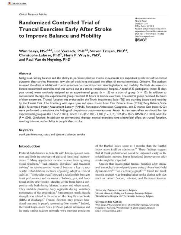 (PDF) Randomized Controlled Trial of Truncal Exercises Early After ...