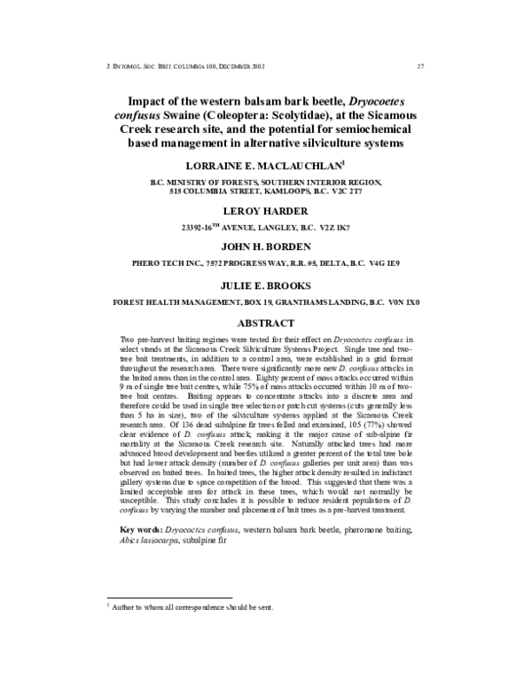 (PDF) Impact of the western balsam bark beetle, Dryocoetes confusus ...