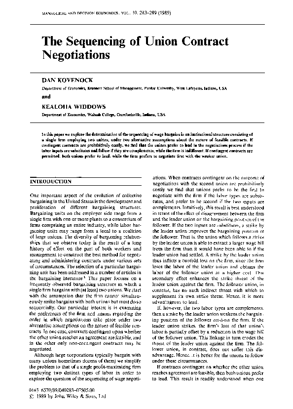 (PDF) The sequencing of union contract negotiations