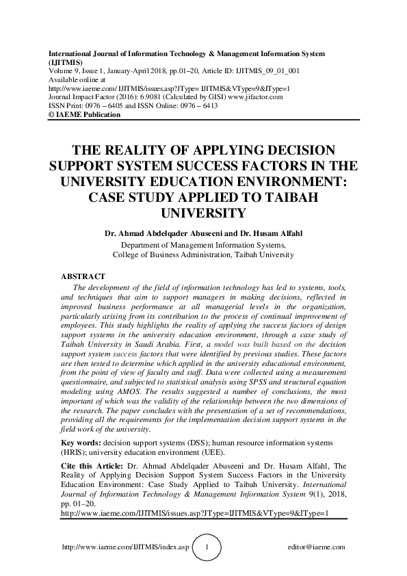 (PDF) The Reality of Applying Decision Support System Success Factors in the University ...