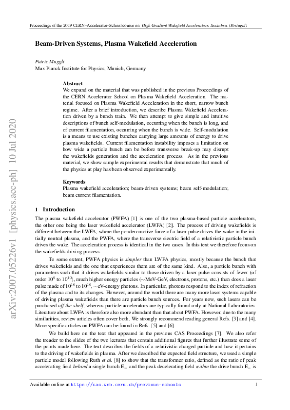 (PDF) Beam-Driven Systems, Plasma Wakefield Acceleration