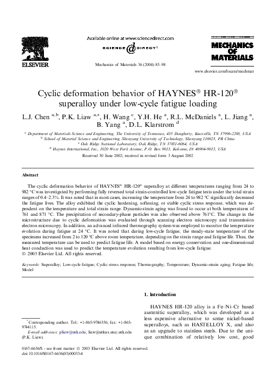 (PDF) Cyclic deformation behavior of HAYNES® HR-120® superalloy under low-cycle fatigue loading
