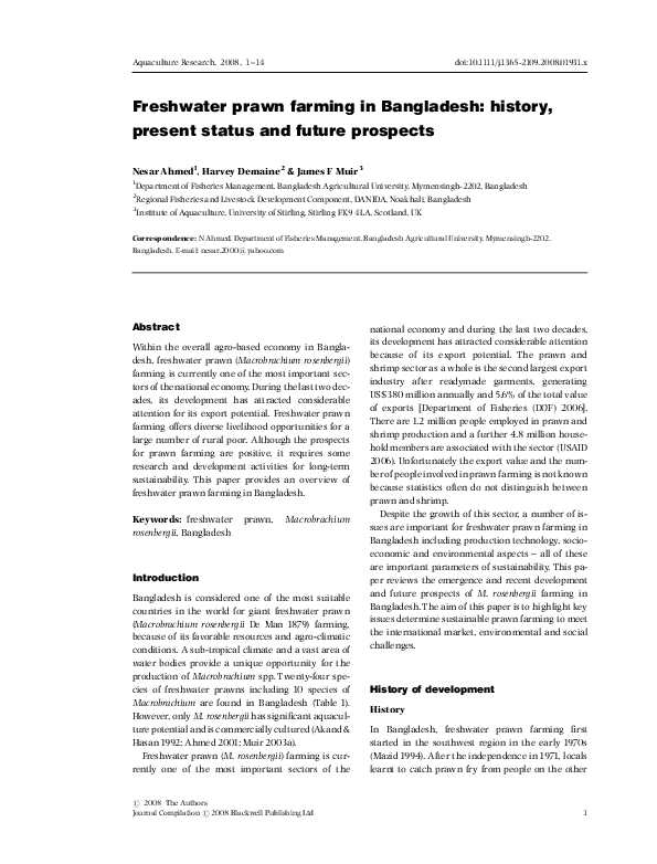 (PDF) Freshwater prawn farming in Bangladesh: history, present status ...