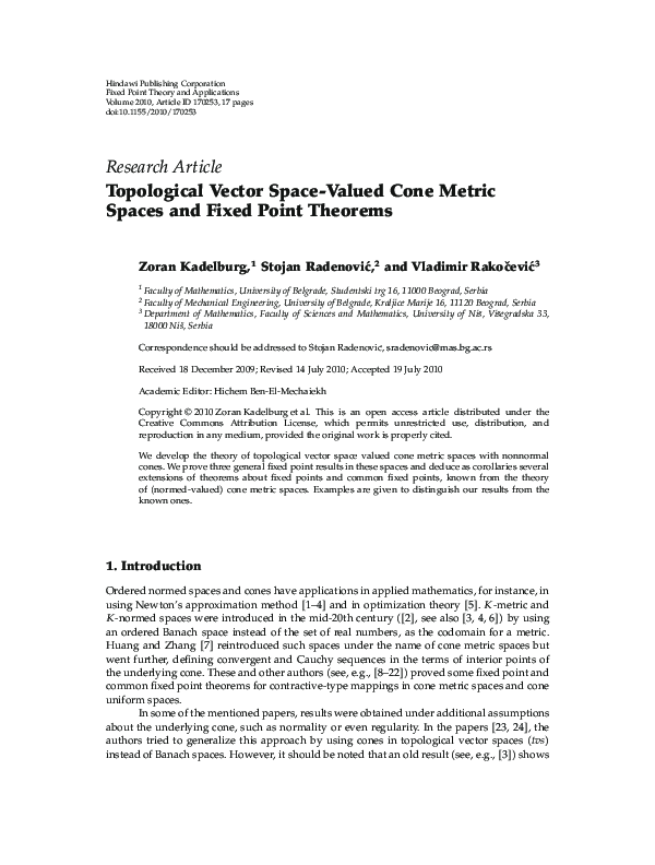 (PDF) Topological Vector Space-Valued Cone Metric Spaces and Fixed ...