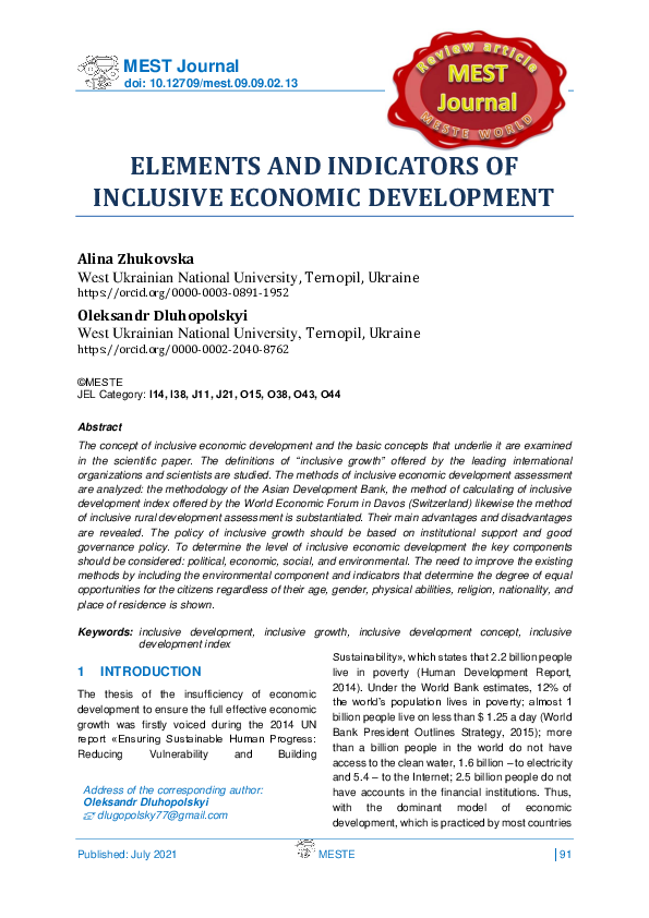 (PDF) Elements and Indicators of Inclusive Economic Development